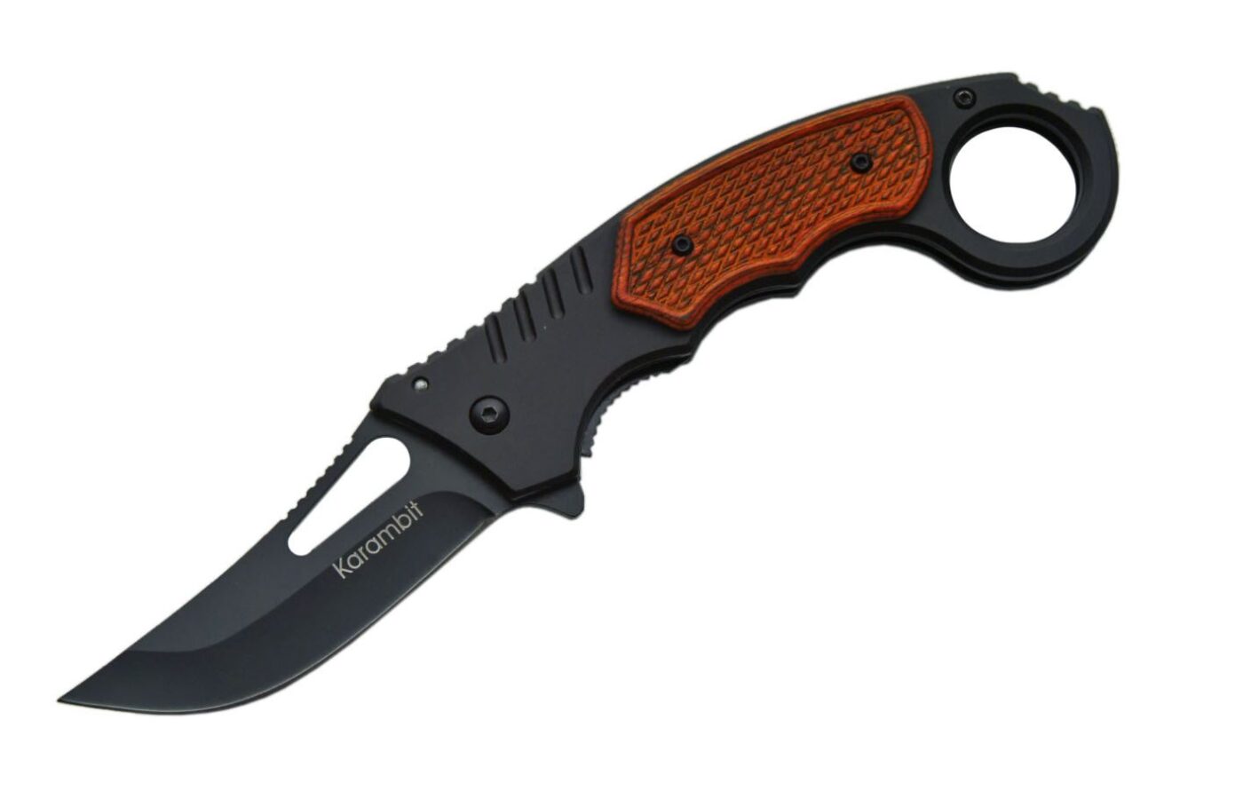 Black Stainless Steel Blade | Checker Wood Handle 5.5 inch Edc Karambit ...