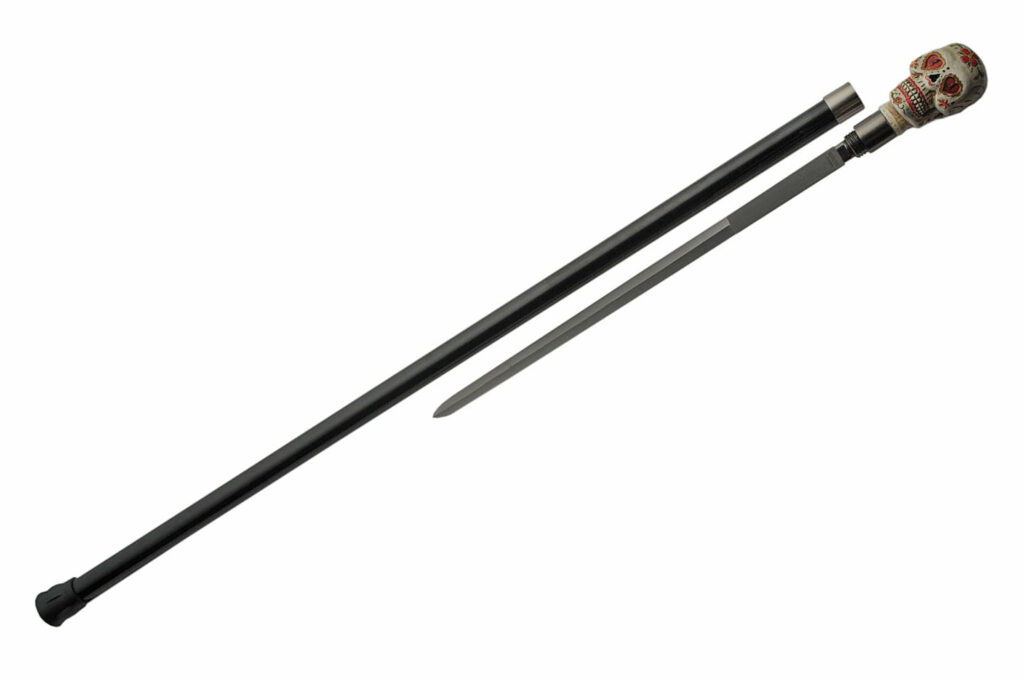 35″ Sugar Skull Sword Cane Stainless Steel Blade Metal Handle