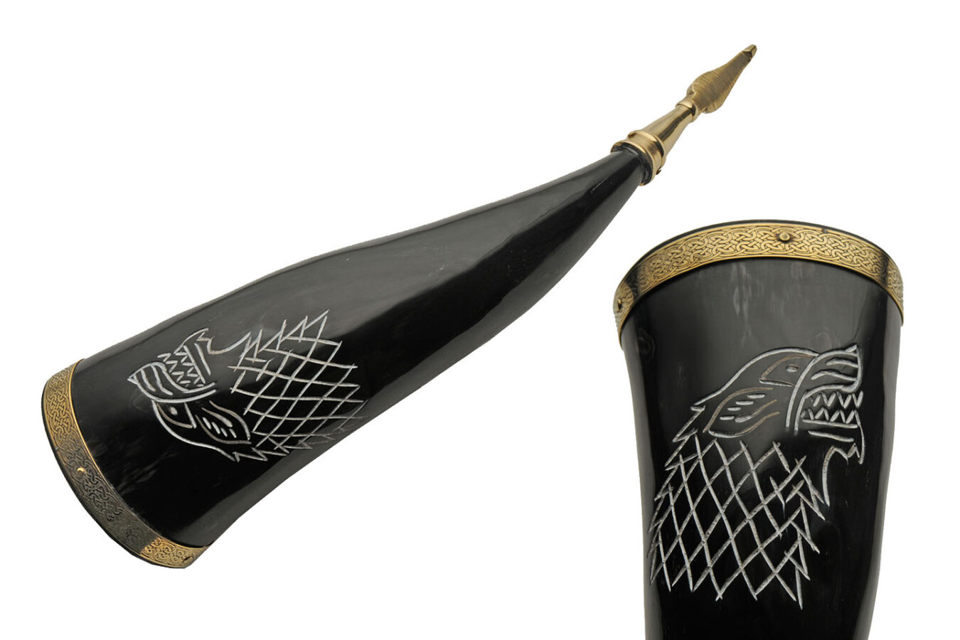 Engraved Wolf 12-14 inch Buffalo Drinking Fenrir Horn